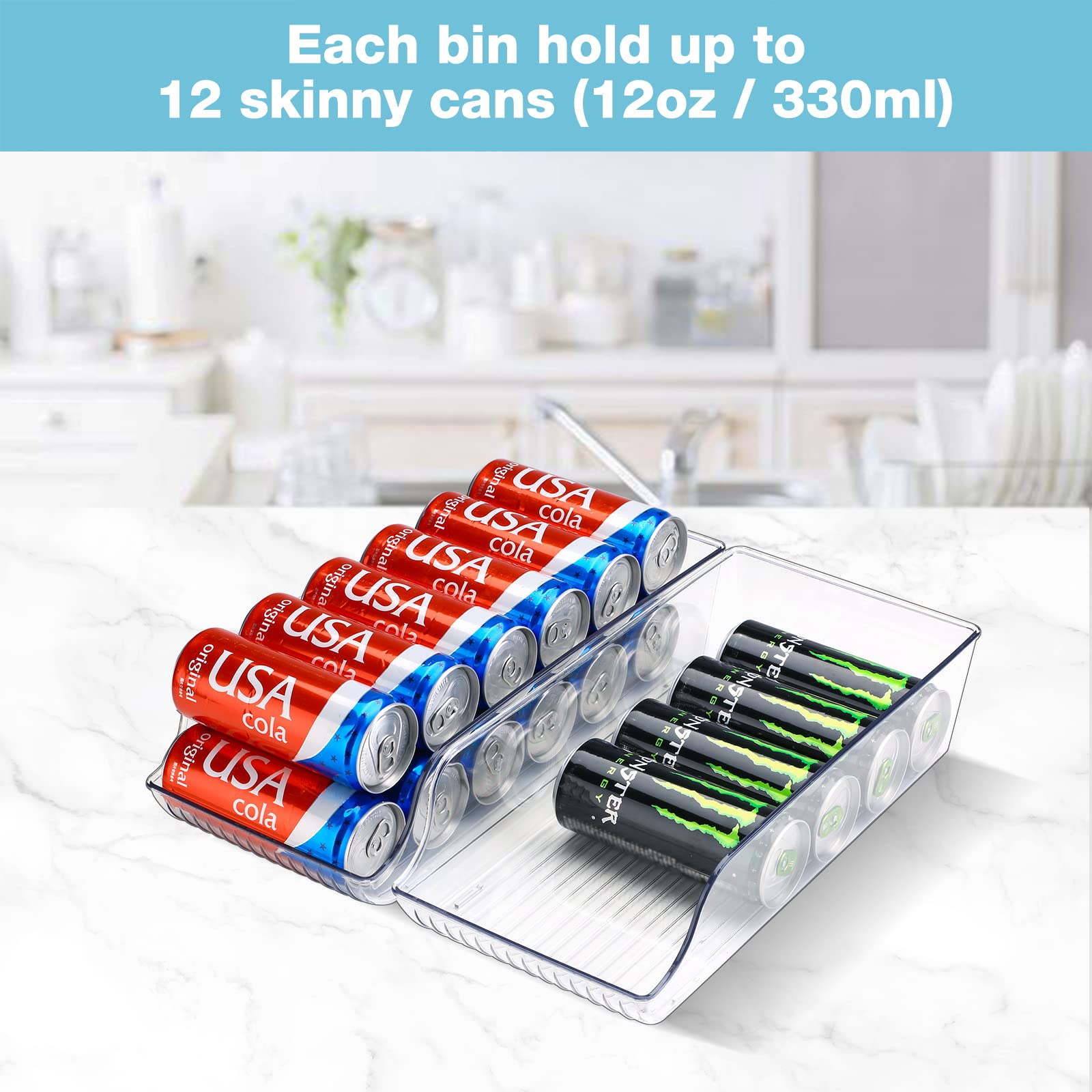 Puricon 2 Pack Refrigerator Organizer Bins Can Dispenser Storage Holder Bundle with 2 Pack Skinny Can Drink Dispenser Organizer for Refrigerator