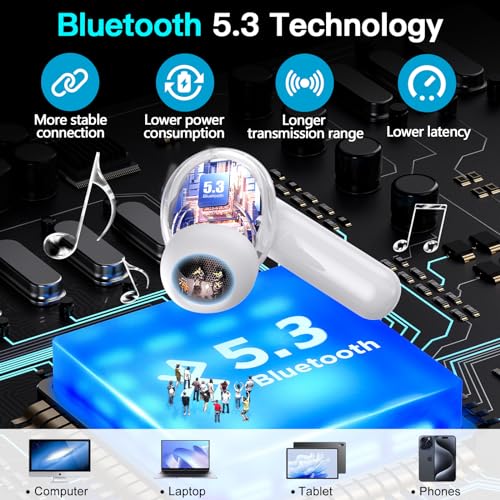 kurdene P3 Wireless Earbuds Bluetooth 5.3 Headphones, Deep Bass Stereo with Microphone Earphones in-Ear, Immersive Premium Sound Ear Buds for iPhone, Android-Clear