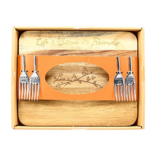 Pavilion Gift Company Life is Better with Friends Birds 7 x 9 Inch Cutting Cheese Board, Set of 4 Forks with Debossed Text, 9", Brown
