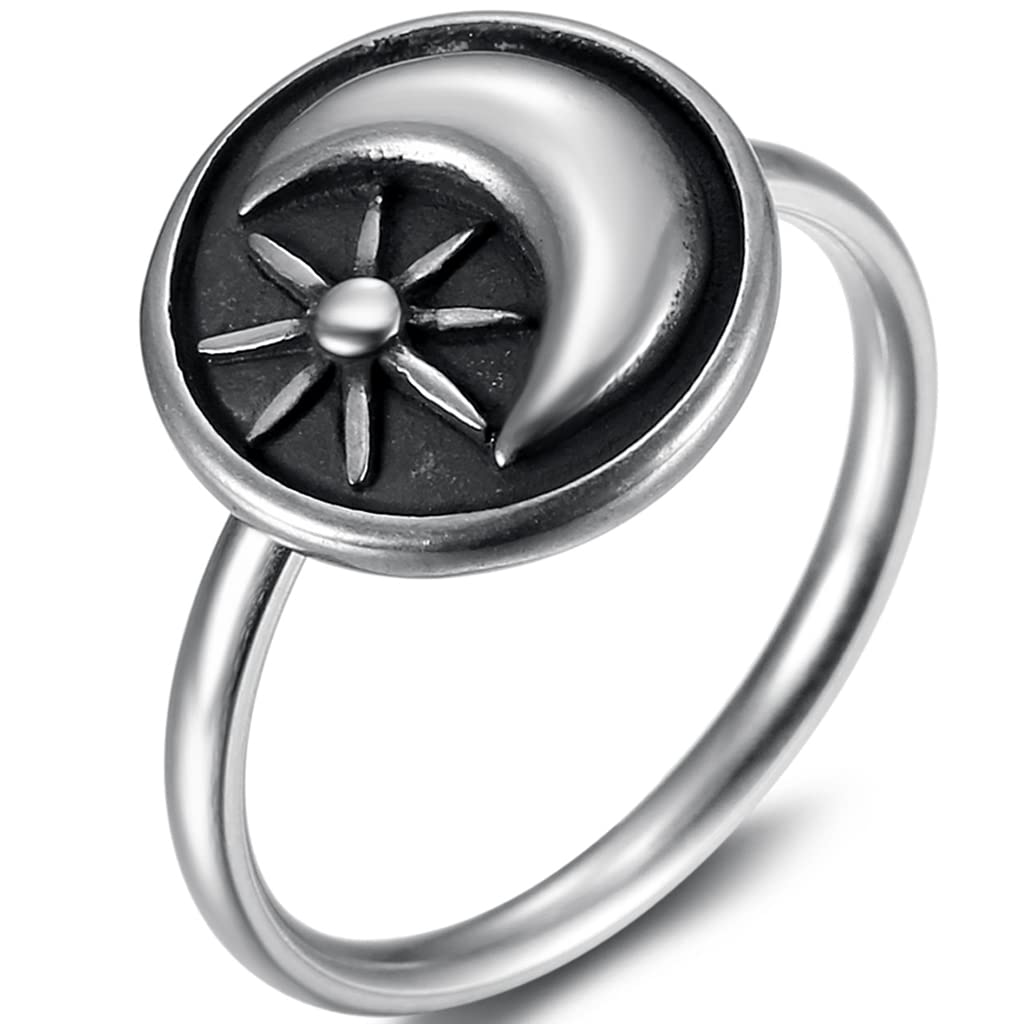 Retro Vintage Stainless Steel Sun Moon Signet Pinky Party Holiday Wedding Statement Promise Ring (Silver, 9)