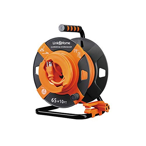 Link2Home Retractable Extension Cord Reel 75 Ft. With 4 Outlets & Heavy Duty/High Visibility 14AWG 3-Prong High SJTW Cord