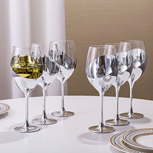 MyGift Modern Stemmed Wine Glasses, 14 oz Stemware with Silver Angled Metallic Accent Design for Red or White Wine, Set of 6 - Party, Wedding, Events Glassware