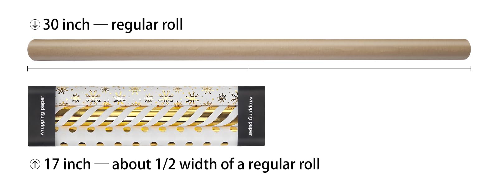 LDGOOAEL Mini Short Small Christmas Wrapping Paper Roll (17" X 120") - Gold Foil Snowflakes Stripe Polka Dot Design for Holiday, Birthday