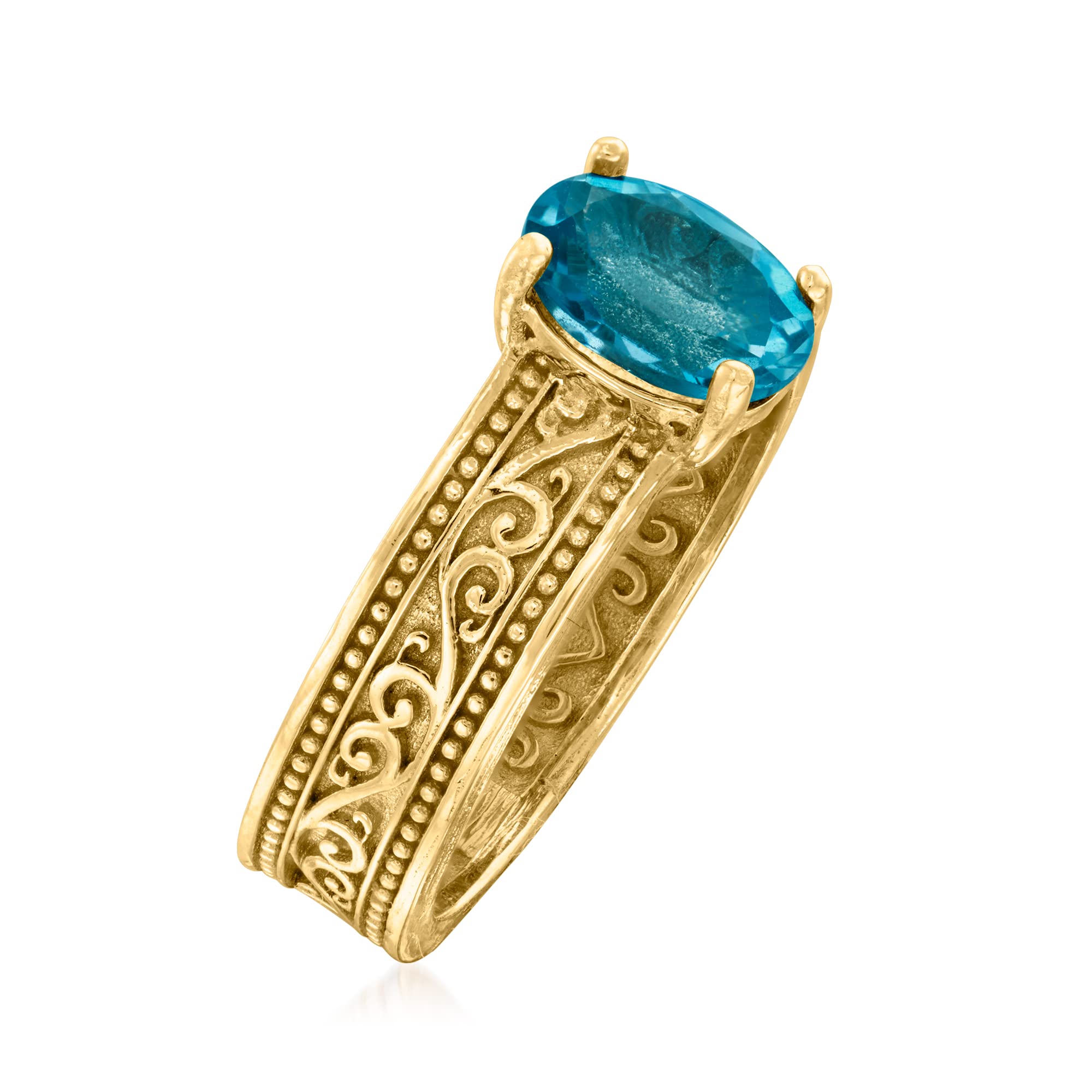 Ross-Simons 1.50 Carat London Blue Topaz Scrollwork Ring in 18kt Gold Over Sterling. Size 8