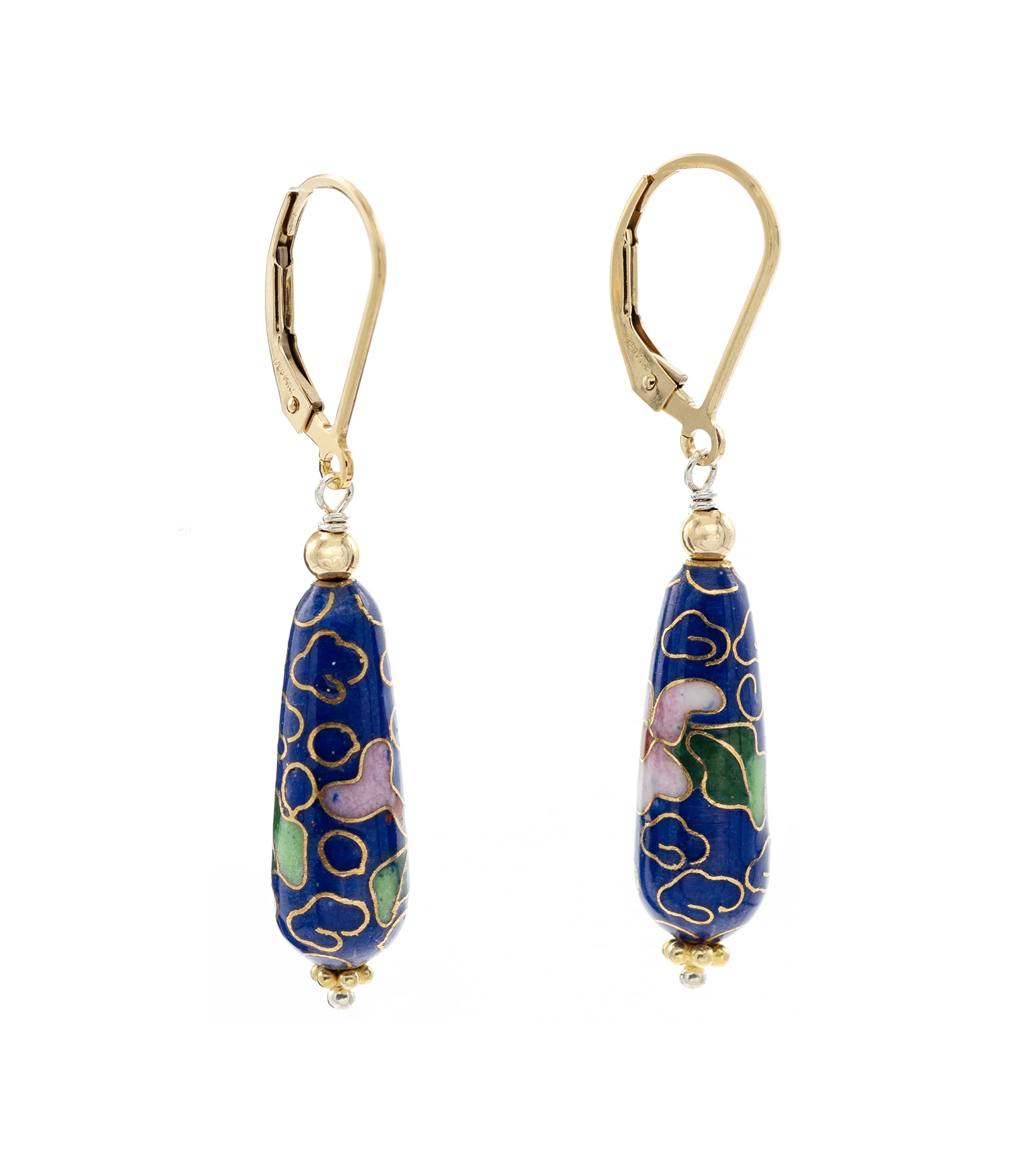 LTC Designs Dainty Small Blue Cloisonné Enameled Floral Teardrop Earrings made with 14k Gold-filled Leverbacks for Women, Teens, Young Adult Casual Everyday Earrings