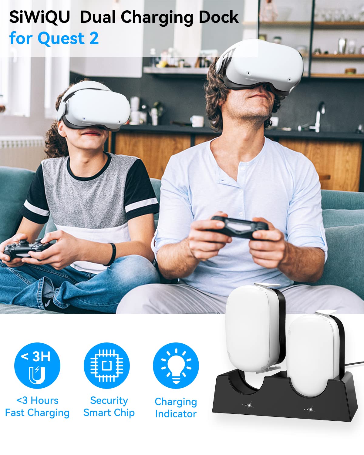 SiWiQU Dual Charging Dock for Quest 2, Fast Charger Station for Quest 2 with Charging Port Indicator, Upgrade 2 in 1 Charging Stand with 1.5M USB-C Link Cable