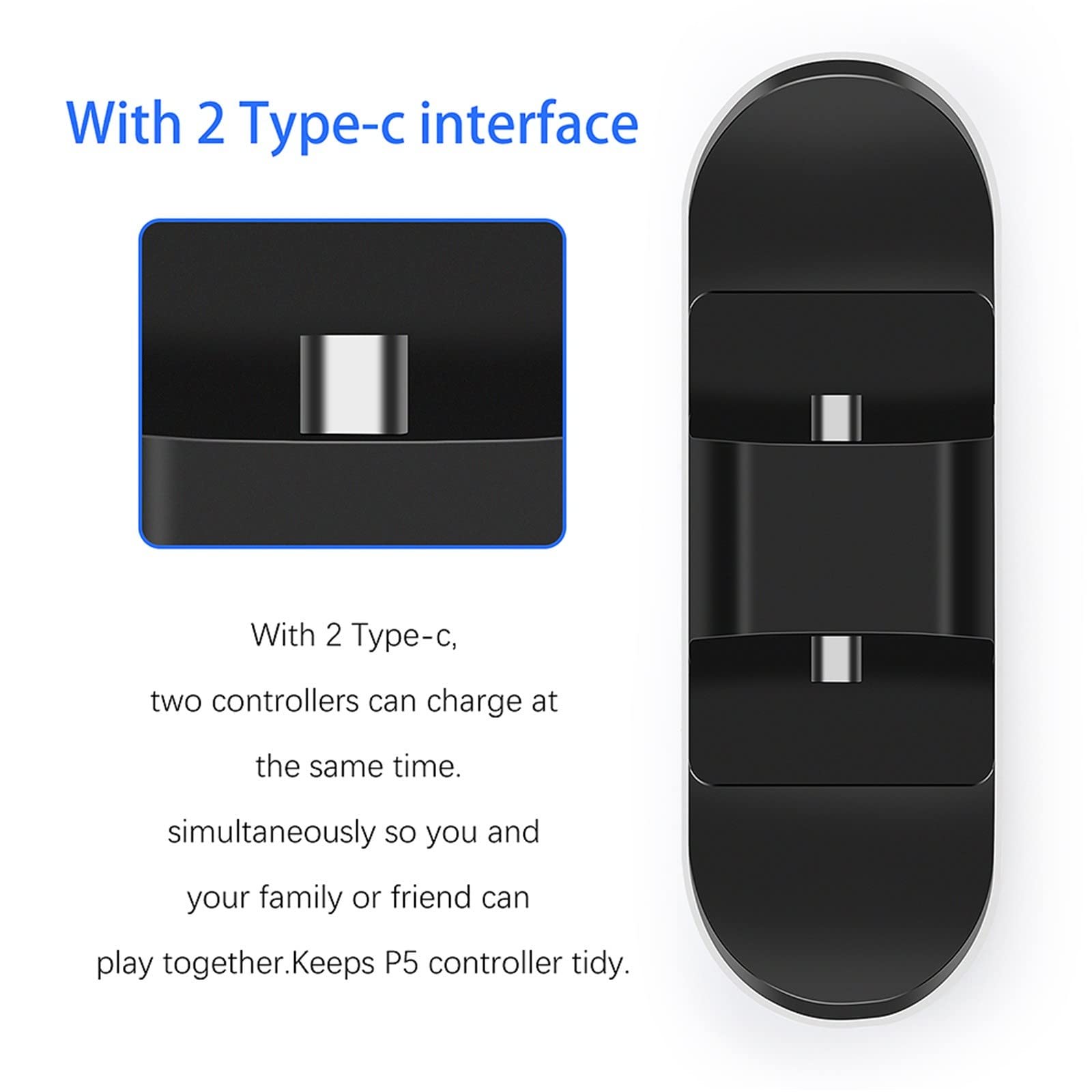 PS5 Controller Charger Station with Two Type-C Charging Dongles, PS5 Controller Fast Charging Dock with Safety Chip Protection & LED Indicator (A)