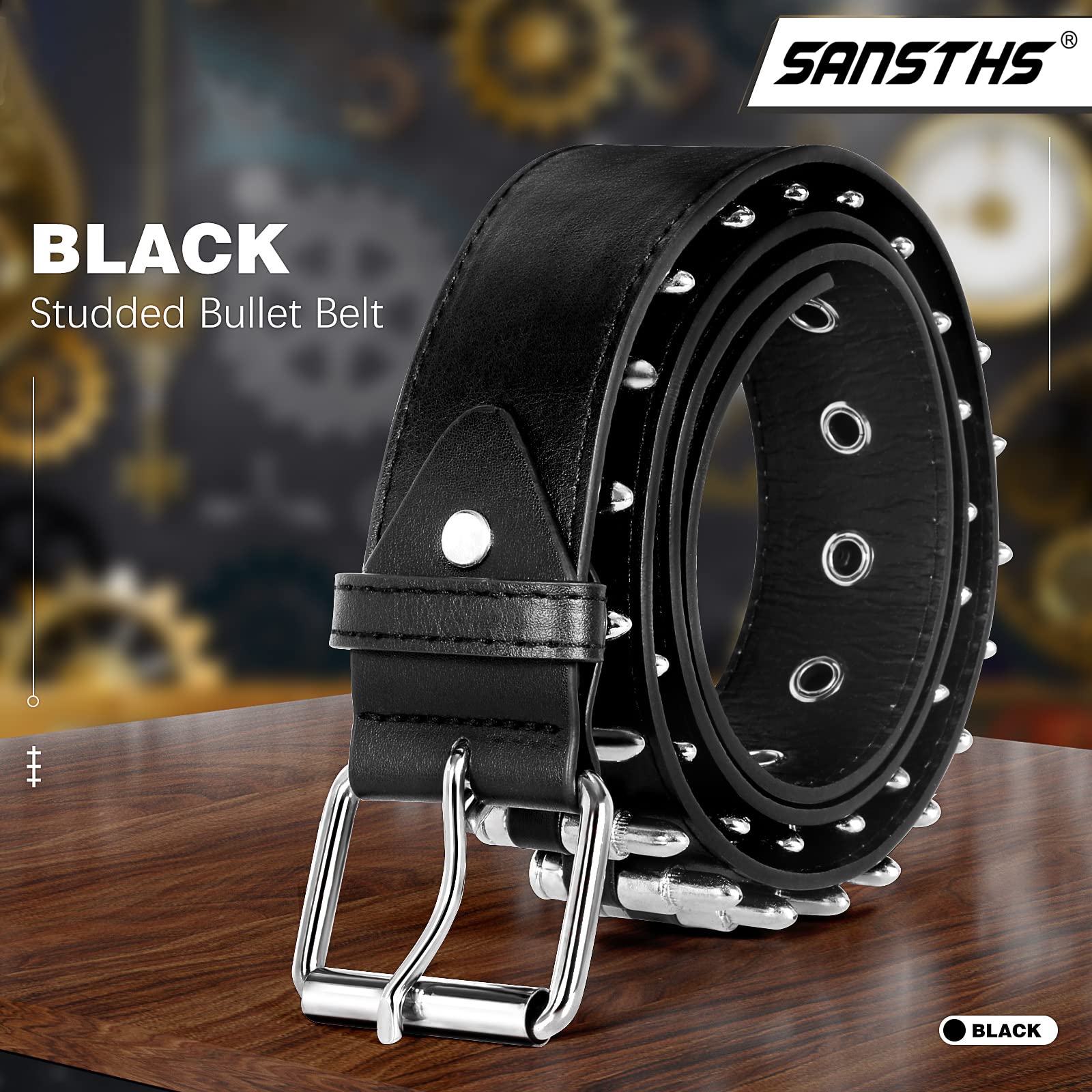 SANSTHS Rivet Belts for Women Men Black Studded Gothic Belt Punk Belt with Metel Buckle for Jeans Hip Hop, Black S