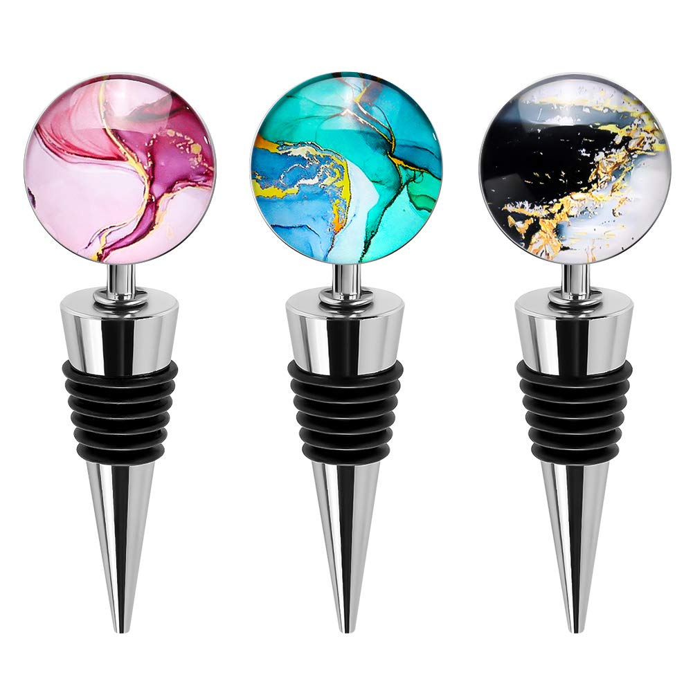 Soleebee 3 Pack Decorative Wine Stoppers, Wine Bottle Stopper with Beautiful Art Glass，Beverage Bottle Stoppers For Gifts, Bar, Holiday Party, Wedding (Style J)