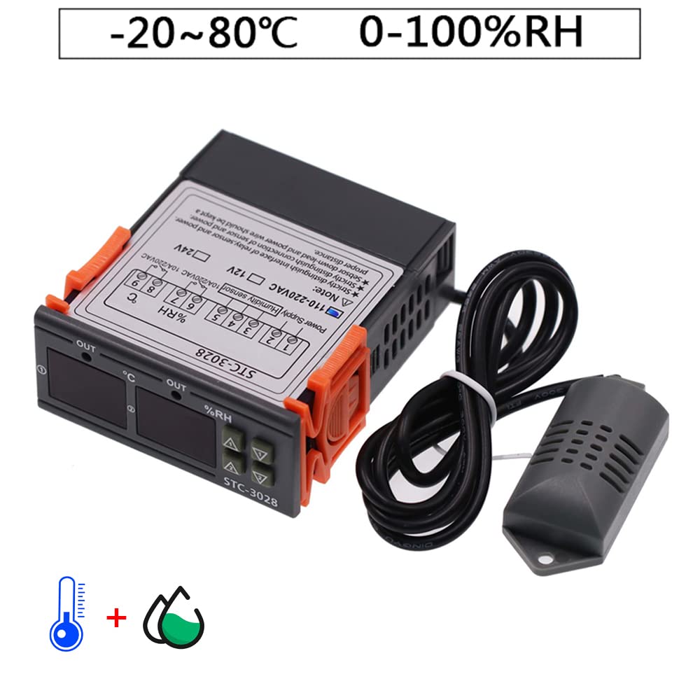 STC-3028 AC 220V DC 12V 24V Dual Digital Thermostat Temperature Humidity Controller Thermometer Hygrometer Incubator Controller (110-220V)