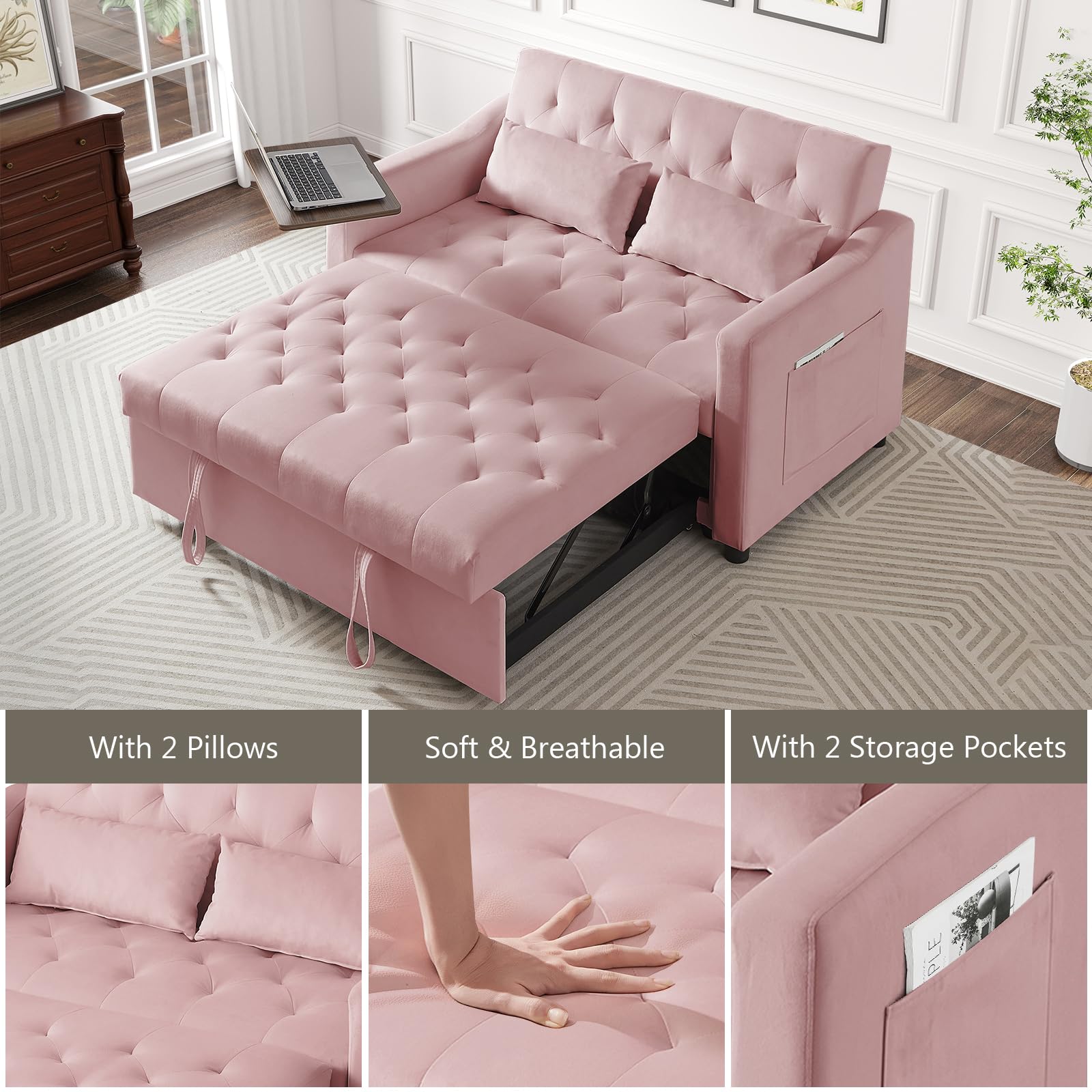 Yafylly 3 in 1 Convertible Sofa Bed, 3-Level Adjustable Backrest Loveseat Sleeper, Small Pull Out Couch with 360° Rotating Side Table for Living Room, Apartment, Bedroom, Office