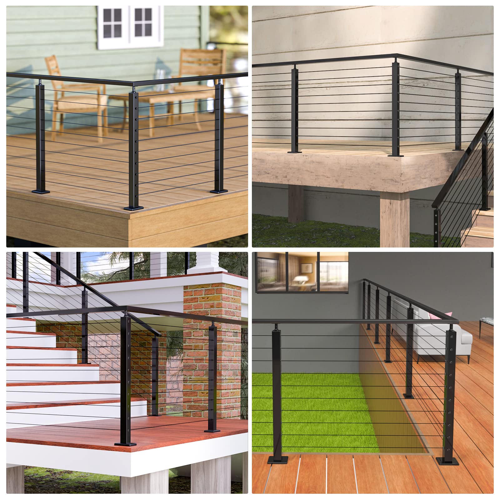Muzata T-drilled Three Sides Post 36"x2"x2" Adjustable Top Cable Railing Post Top Mount Stainless Steel Black Finish Wood Concrete Level Deck, PS01 B34S