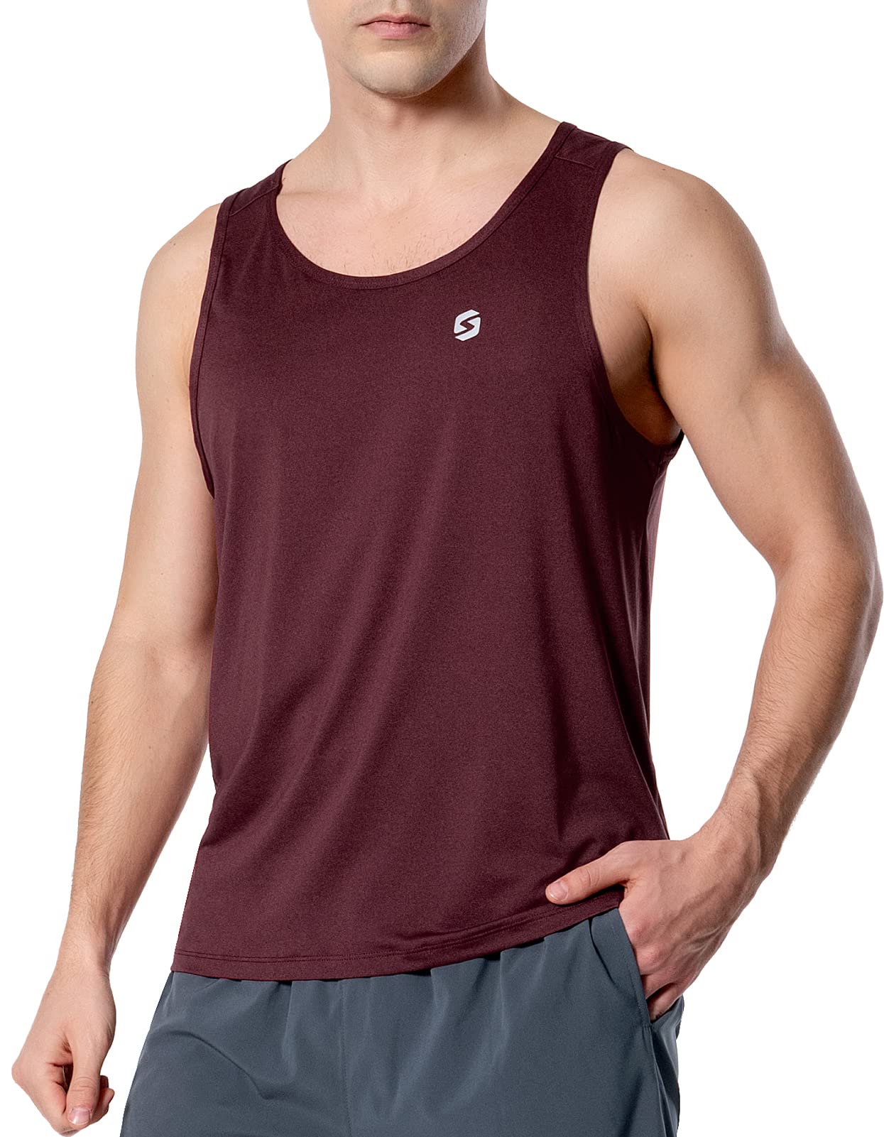 S Spowind Men's Quick Dry Running Tank Top - Athletic Workout Fitness Sleeveless Shirts Burgundy