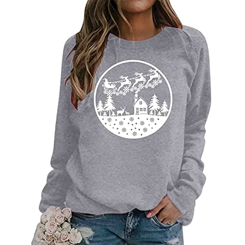 Women Hoodies Pullover Cute Elk Pattern Blouse Long Sleeve Festival Shirts Warm Breathable Tunic Tops Fall Sweatshirt Grey