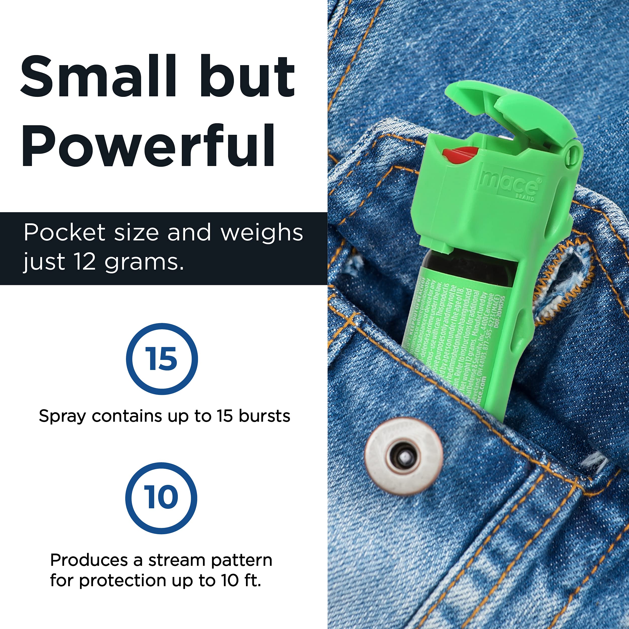 mace Brand Pocket Pepper Spray (Neon Green) β Accurate 10β Powerful Pepper Spray with Flip Top Safety Cap, Leaves UV Dye on Skin β Great for Self-Defense