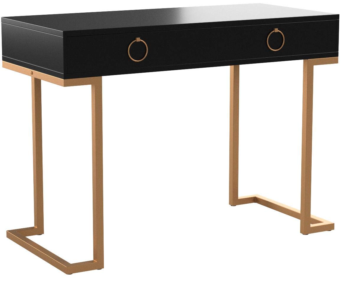 Nathan James Leighton Two-Drawer Writing Glam Accents Brass, Home Office Computer Desk or Vanity Table, 2, Black/Gold