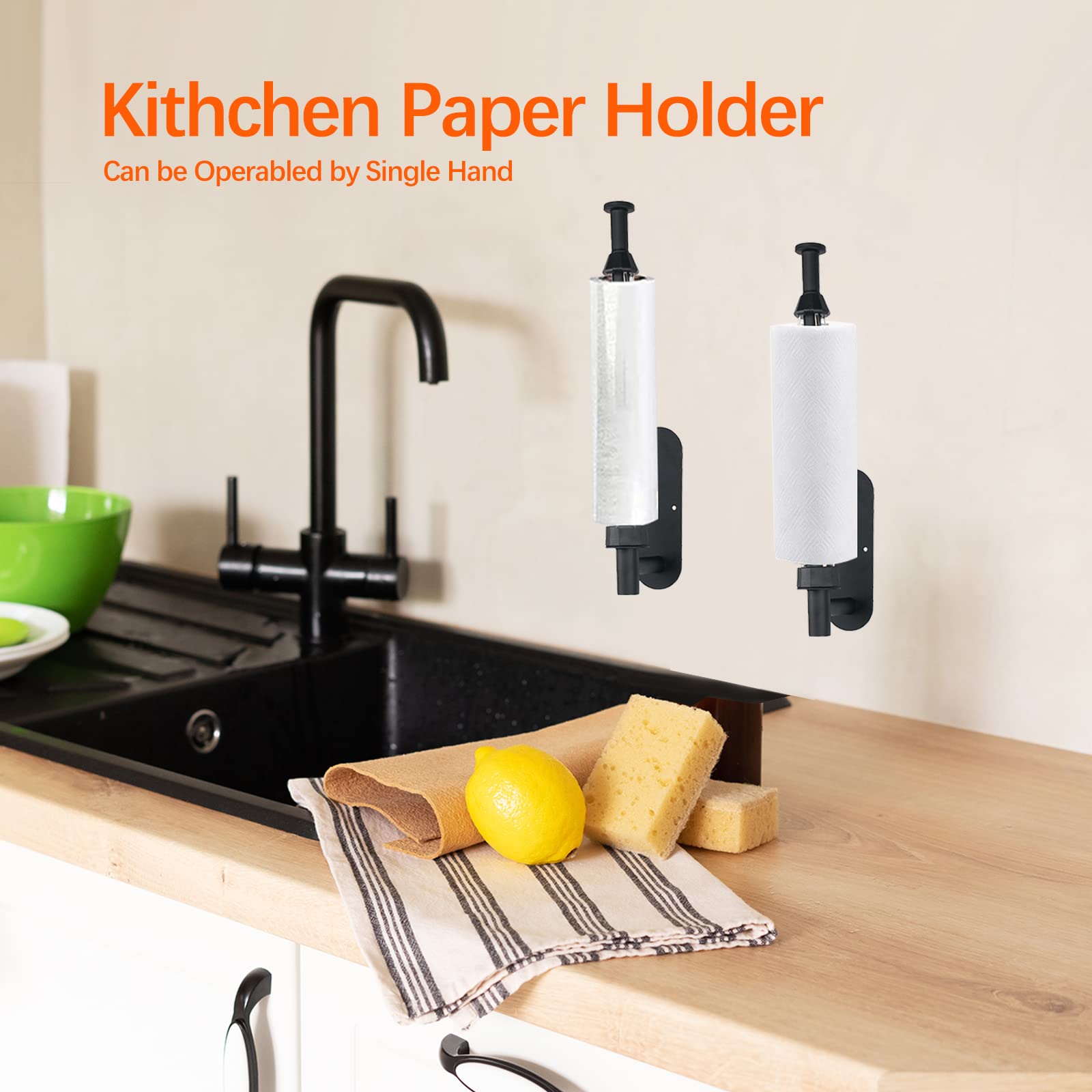 Paper Towel Holder Under Cabinet, Meritpick Single Hand Operable Paper Towel Holder Wall Mount, Under Counter Paper Towel Holder with Damping Effect, Adhesive or Screw for Kitchen Bathroom