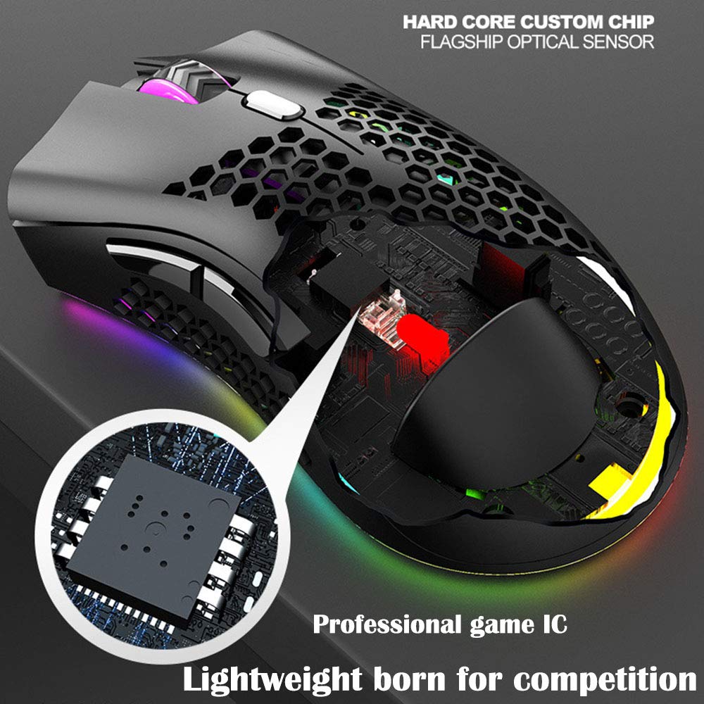 Lightweight Gaming Mouse,Wireless Rechargeable Ultralight Honeycomb Mice with RGB Chroma Backlit, Adjustable DPI,2.4G Wireless Ergonomic Optical Sensor Mouse Compatible for PC Mac Gamer (Black)
