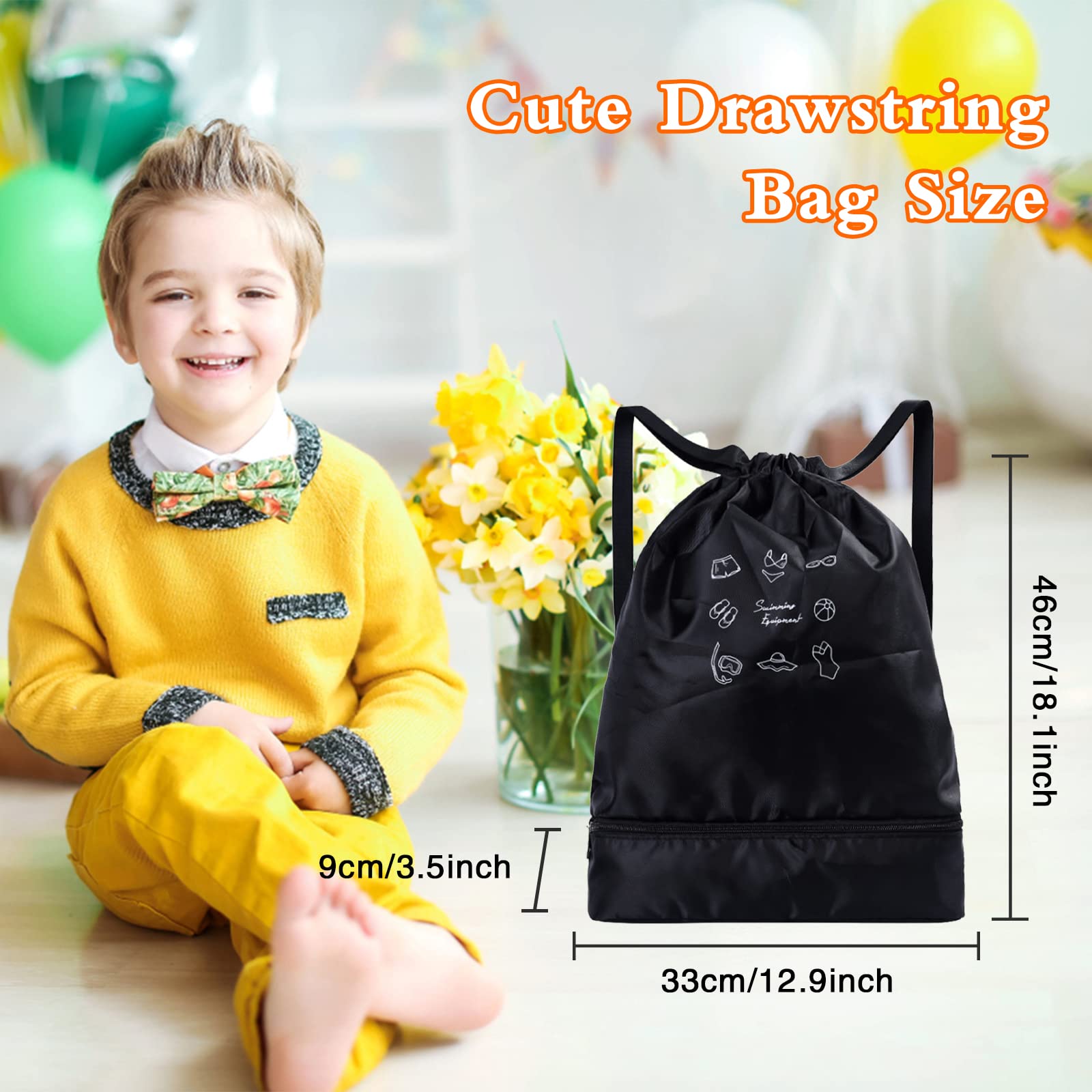 Kunyeah Drawstring Backpack Bag Waterproof Beach Pack With Shoe Compartment Swim Bag Sports Gym Backpack (Black)