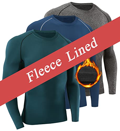 SILKWORLD Thermal Long Sleeve Compression Shirts for Men Cold Gear Athletic Gym Undershirts,B5_3pack_Navy Blue+Hemp Grey+Cyan,Large