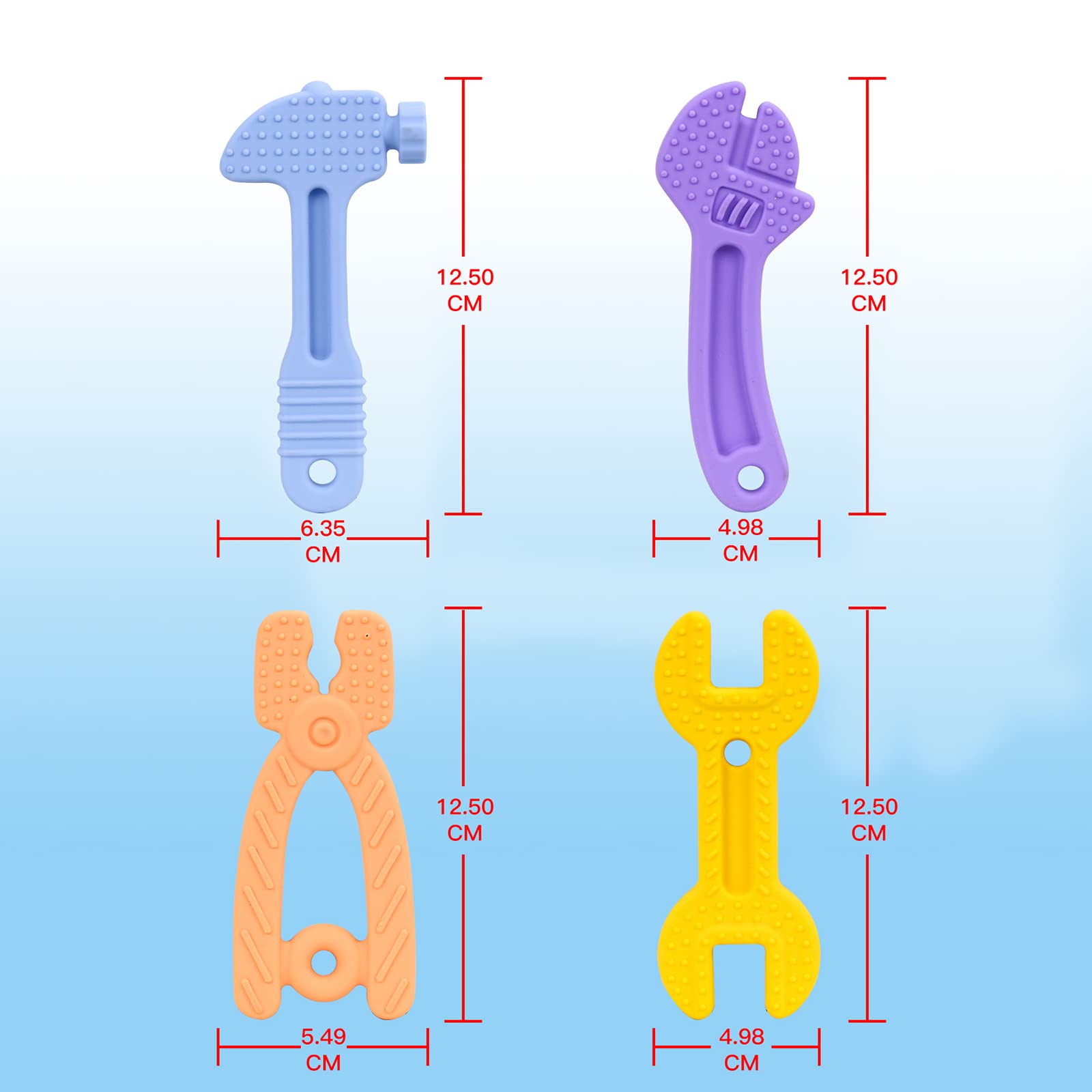 SJUFNDS Silicone Baby Teether Toy - Hammer Wrench Spanner Pliers Shape Infant Teething Molar Ease Babies Sore Gums Freezer BPA 0-6 Months for 6-12 4 Pack