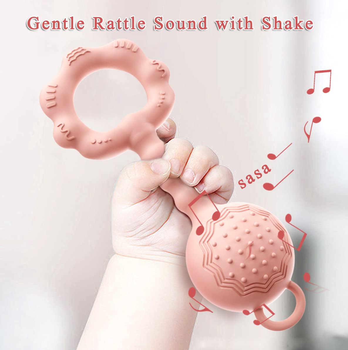 Silicone Baby Teether Rattle Toy, WHOZU Baby Teething Shaker Toy for Infants Girls and Boys 3+ Months, Soft and Flexible, Pink