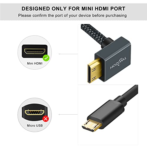 Twozoh Angled Mini HDMI to HDMI Adapter Cable 0.6FT,Nylon Braided Downward Angled 90° Degree Mini HDMI to HDMI Extension Cable Support 3D/4K 1080p