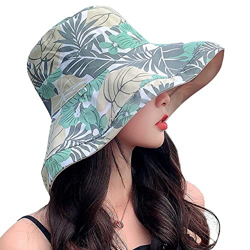 Reversible Floral Sun Hats UV Protection UPF Packable Wide Brim Chin Strap Women (Beige)
