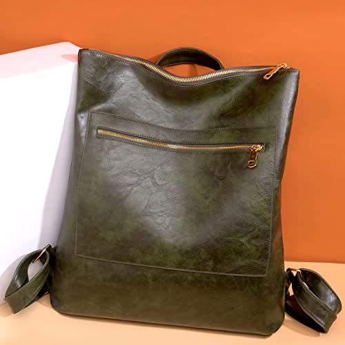 QTKJ Leather Backpack, Large Leather Purse, Vegan Leather Handbag, with Adjustable Shoulder Strap, Tote Bag for Women Travel, Work, Vacation, Green