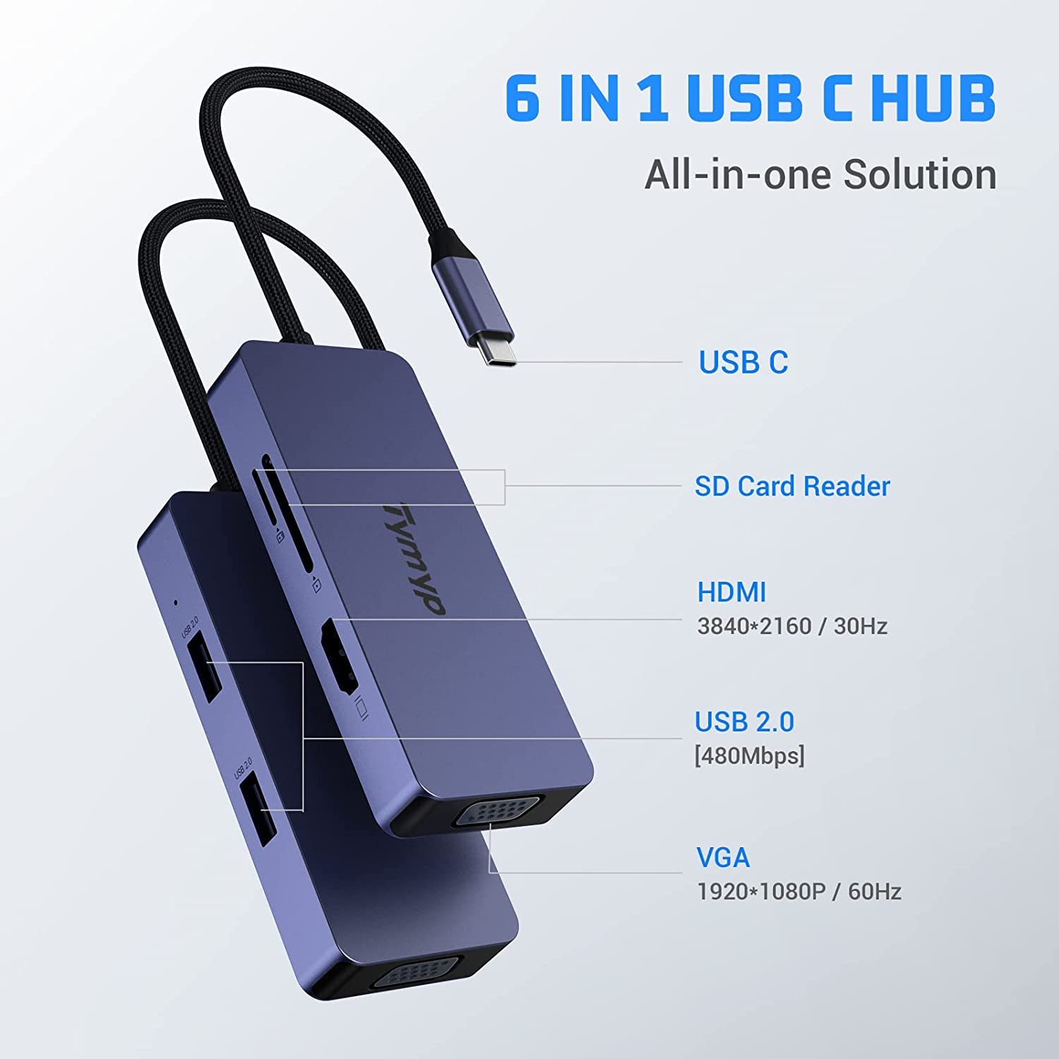 Tymyp USB C Hub, 6 in 1 USB C Adapter (USB2. 0 * 2+HDMI+VGA+SD/TF) Typ C USB Konvertierungs Hub. Kompatibel mit Laptop/MacBook Pro/Air Pad Pro Adapter Surface Pro 8