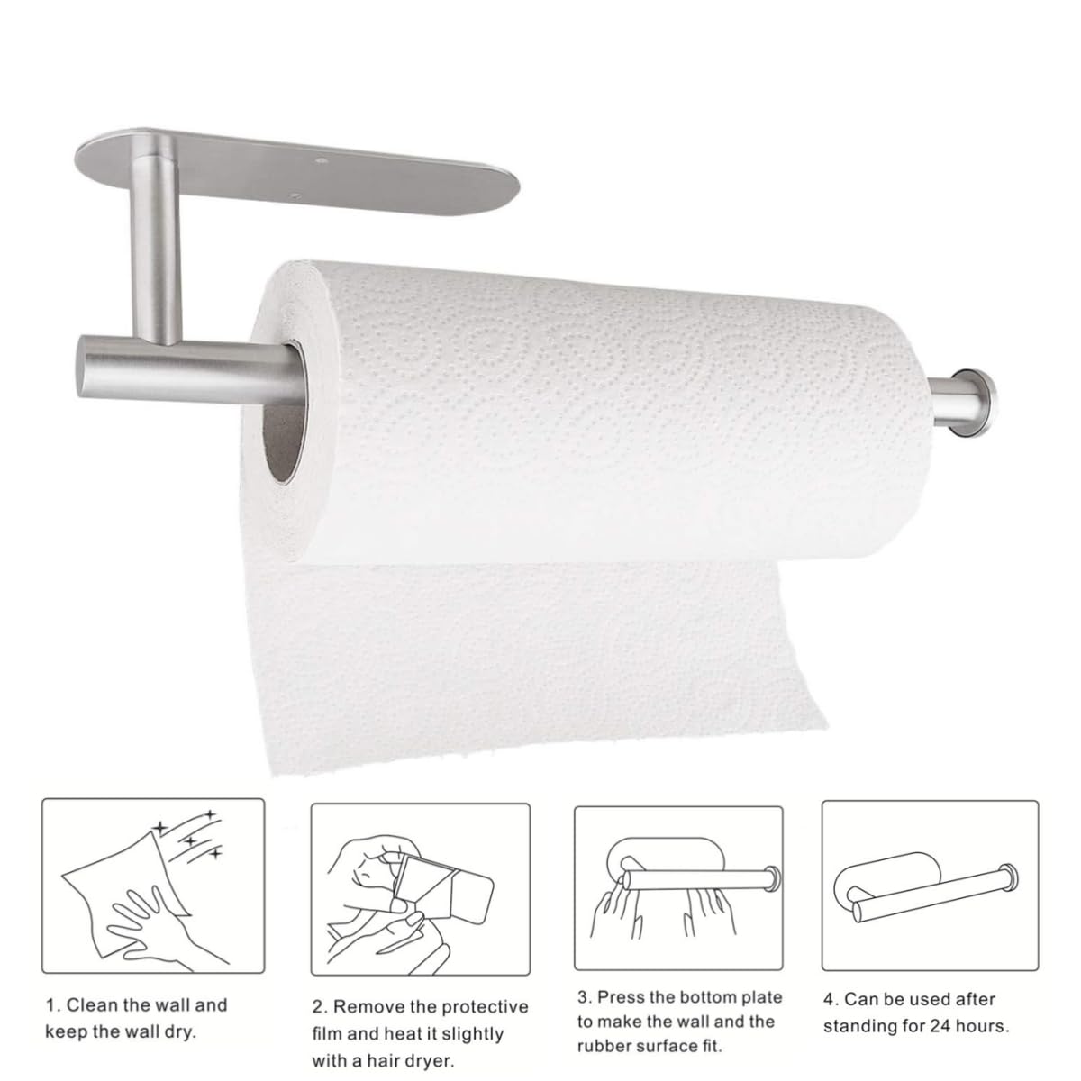Paper Towel Holder Kitchen Roll Holder, Kitchen Roll Organize, Paper Towel Roll Holder for Kitchen Bathroom, Paper Towel Holder Under Cabinet (Silver)