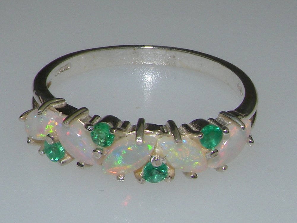 LetsBuyGold 925 Sterling Silver Natural Opal and Emerald Womens Eternity Ring - Size 11.75