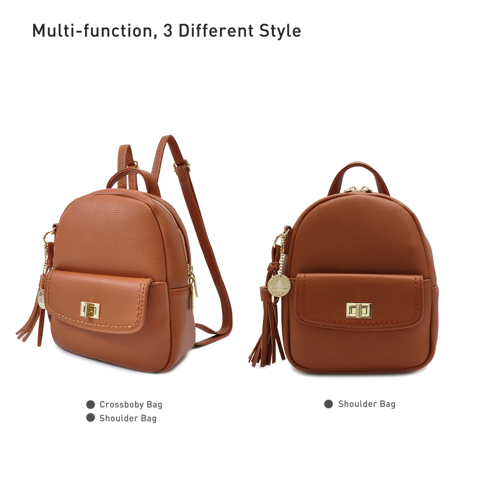 PIERRELOUES Mini Backpack Purse for Women Cute PU Leather Backpack Small Backpack Purse Multifunctional Crossbody Shoulder Handbag Purse With Charming Tassil BROWN