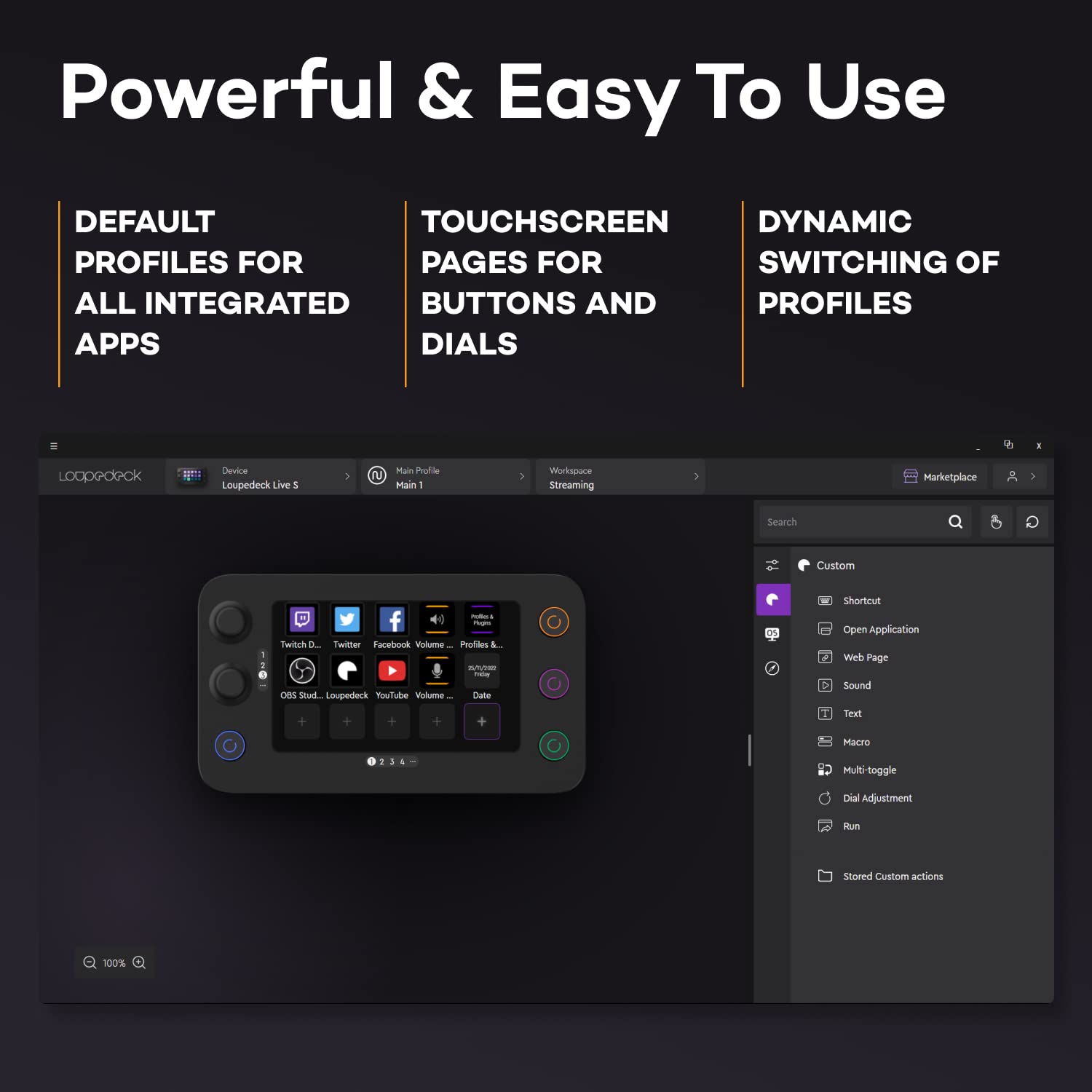 Loupedeck Live S - The Streaming Console for Desktop Productivity, Full Stream Control and Content Creation with Customizable LED Touchscreen Buttons, Dials and RGB Buttons, Works with PC and Mac