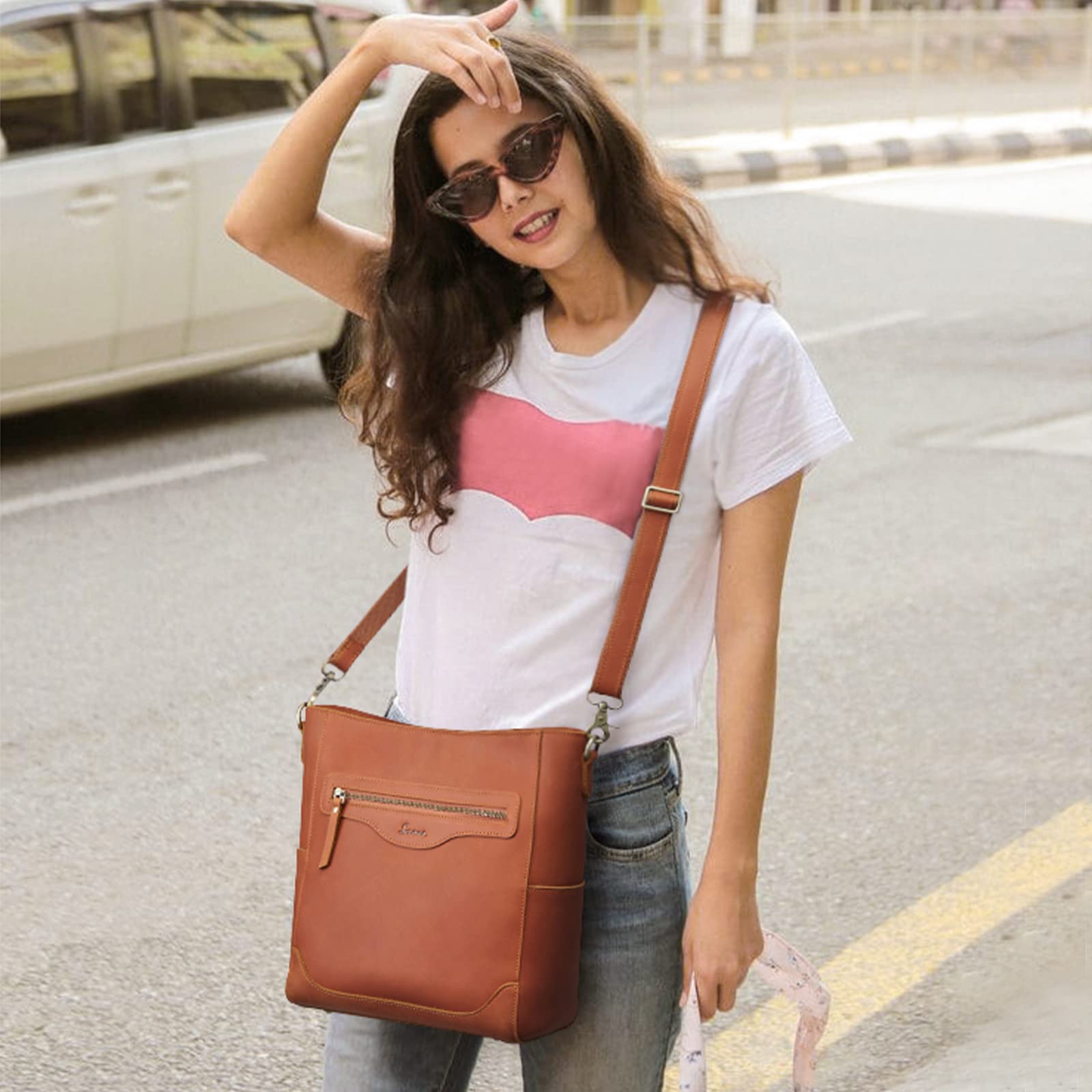 S-ZONE Women Genuine Leather Bucket Shoulder Bag Vintage Crossbody Purse with Outer Pocket