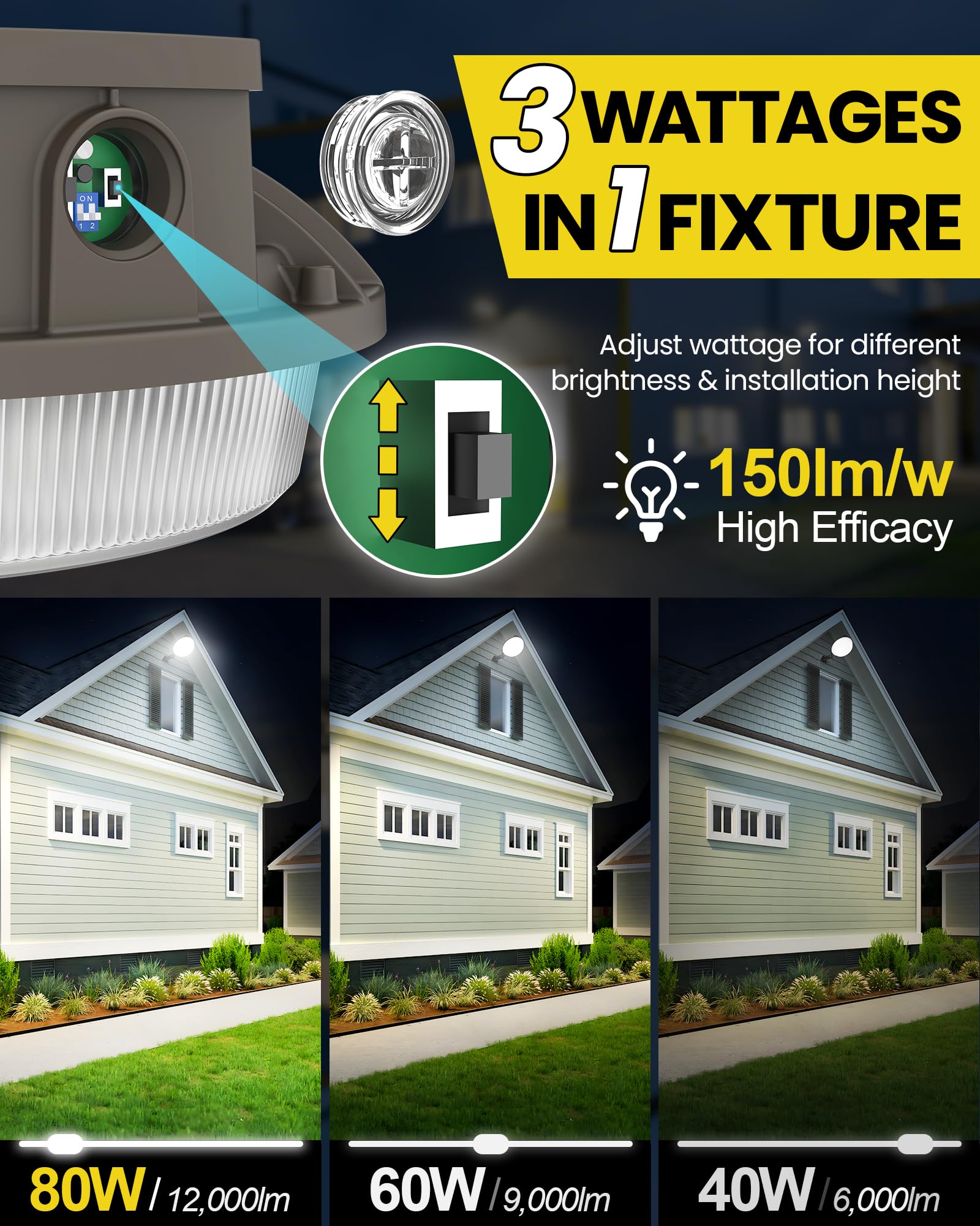 YARBO 80W LED Barn Light 60W 40W Switchable, 5000K/4000K/3000K Adjustable,12000LM Barn Lights Outdoor with Timer Dimming, Dusk to Dawn Outdoor Light with Photocell for Barn/Security/Yard/Garage/Street