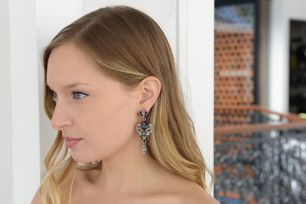 Mariell Vintage Black and Grey Crystal & CZ Chandelier Dangle Earrings for Fashion, Prom, Bridesmaids