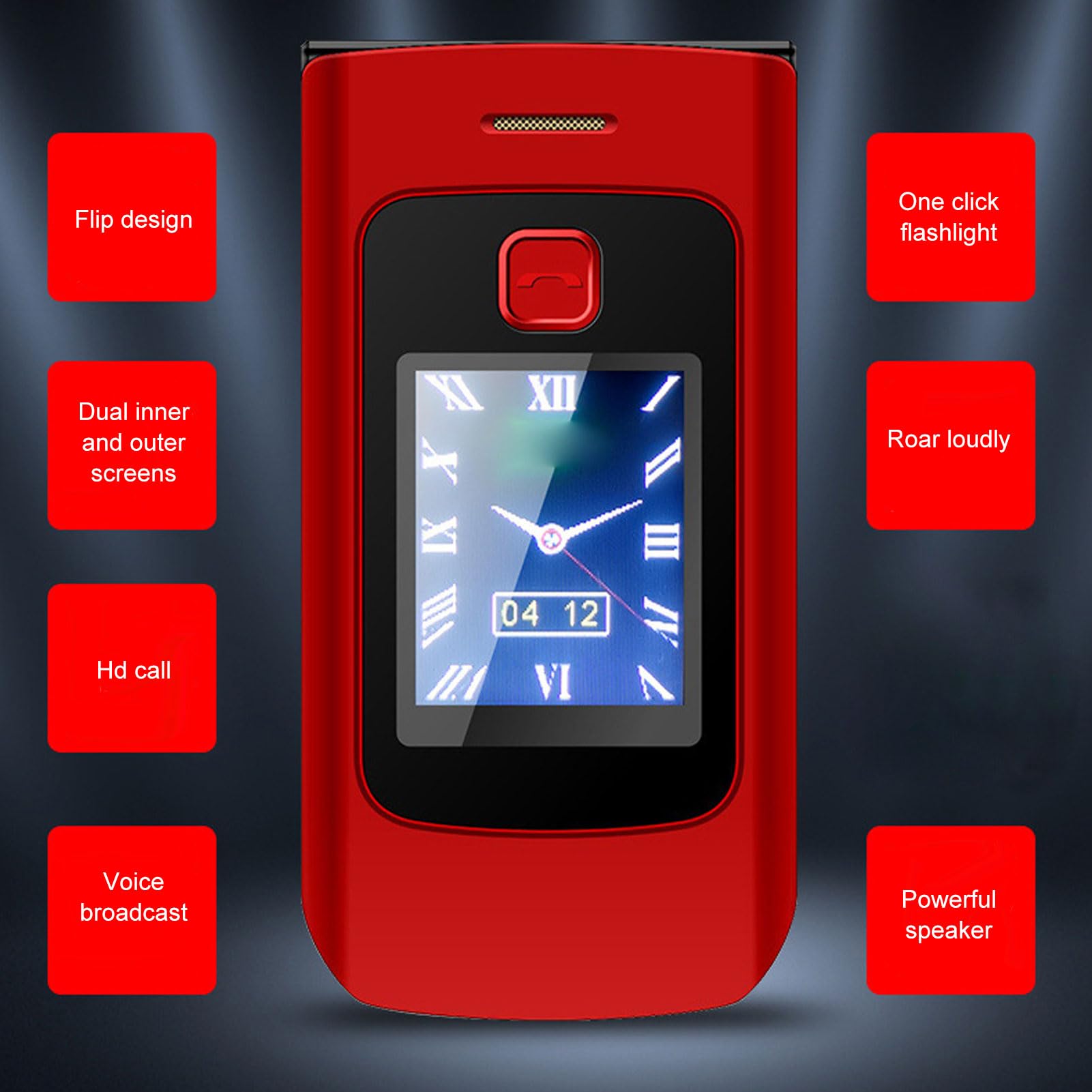 LJCM Dual Card Flip Phone, 2.6 Inch Main Screen 1.77 Inch External Color Screen Metal ABS 4G Senior Flip Phone GPS Positioning for (Red)