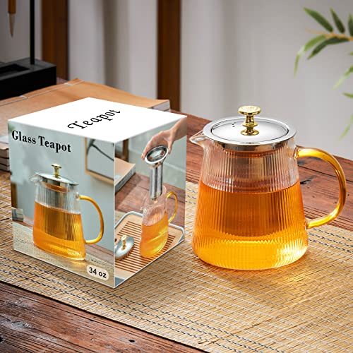 PARACITY Glass Teapot Stovetop 34 OZ with Vertical Stripes, Borosilicate Clear Tea Kettle with Removable 18/8 Stainless Steel Infuser, Blooming and Loose Leaf Tea Maker Tea Brewer