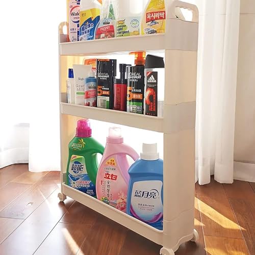 LEMMAN 3-Tier Slim Slide Out Kitchen Trolley, Storage Shelf, Moving Wall Cabinets Tower Holder Rack On Wheels, Rolling Storage Unit Cart for Kitchen/Laundry/Bathroom
