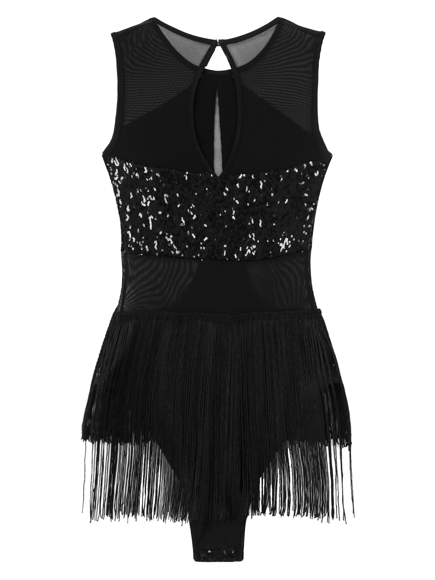 Moily Womens Mesh Inset Sequin Leotard with Fringe Keyhole Back Latin Cha-Cha Dancewear Costumes Black Medium