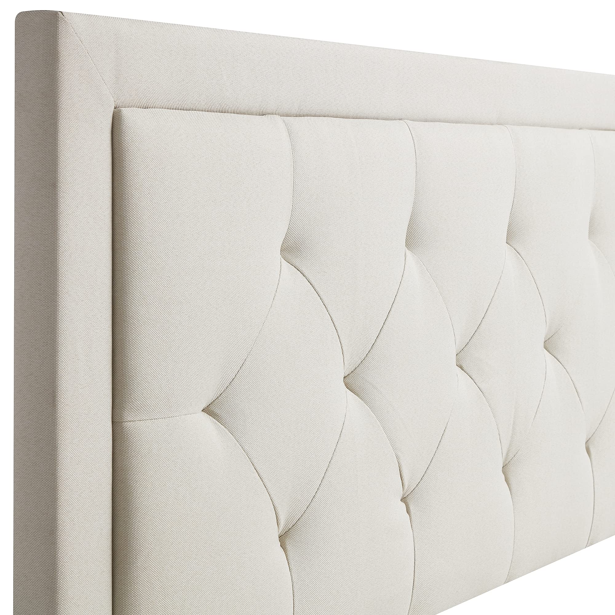 LUCID Upholstered Platform Bed Frame with Headboard– No Box Spring Needed – Queen Size – Pearl