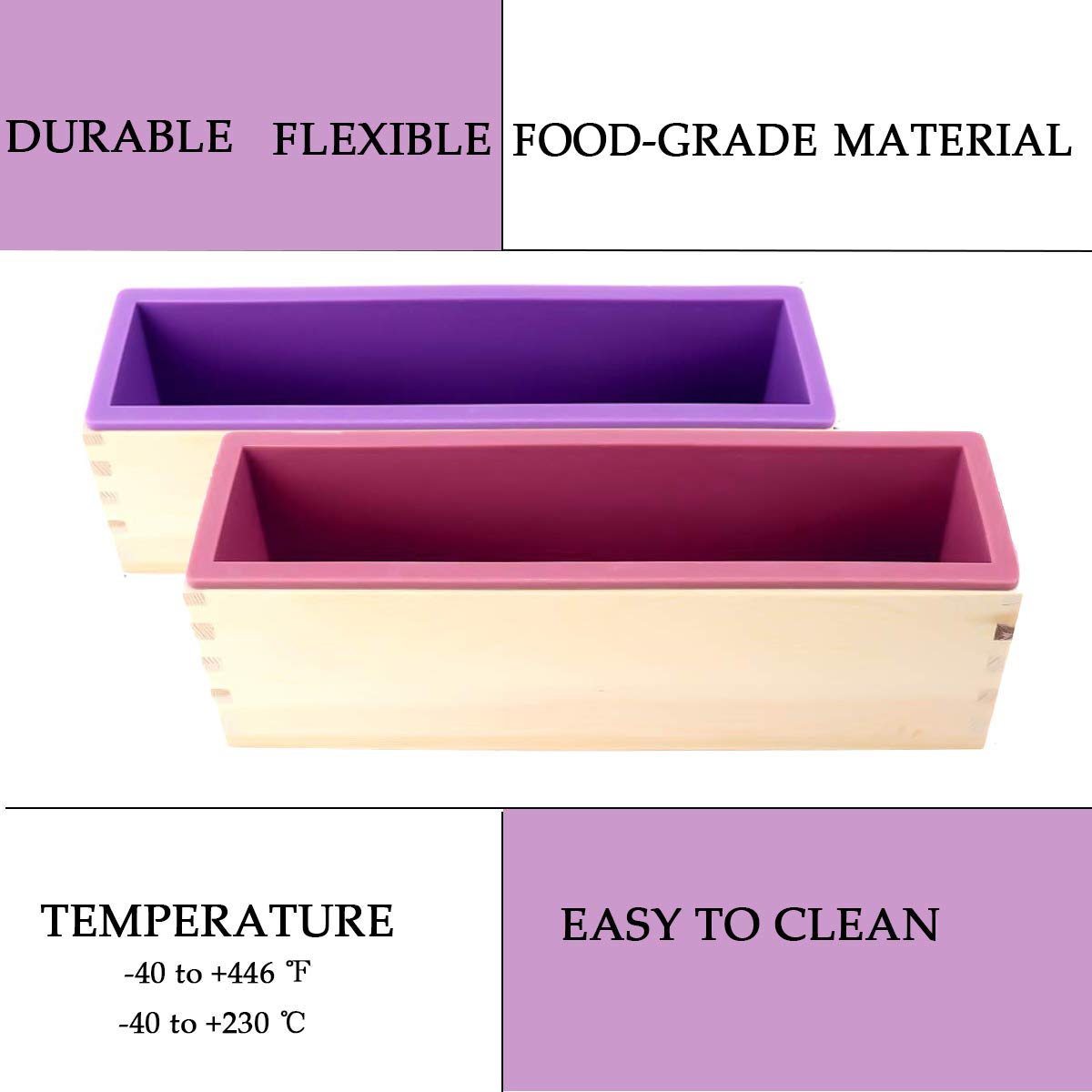 Kyerivs 2pcs Soap molds 42oz,Flexible Rectangular Silicone Soap Molds Kit with Wood Boxes, 100pcs 6×6 inch Shrink Wrap Bags, Stainless Steel Wavy and Straight Scraper for Soap Making