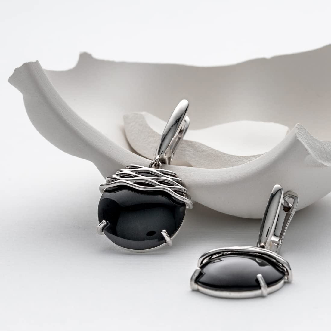 Peora 925 Sterling Silver Round Black Onyx Waves Dangle Earrings for Women, Hypoallergenic Fine Jewelry
