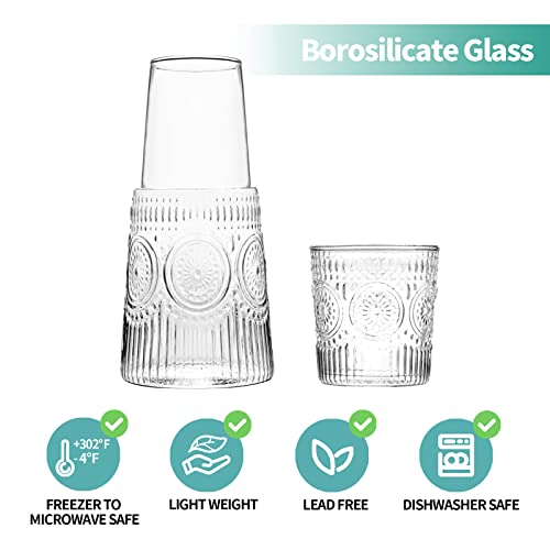 Wongblee Bedside Water Carafe and Glass Set, Vintage Borosilicate Glass Carafe with Cup, Carafe Holds 31oz, Cup Holds 10oz