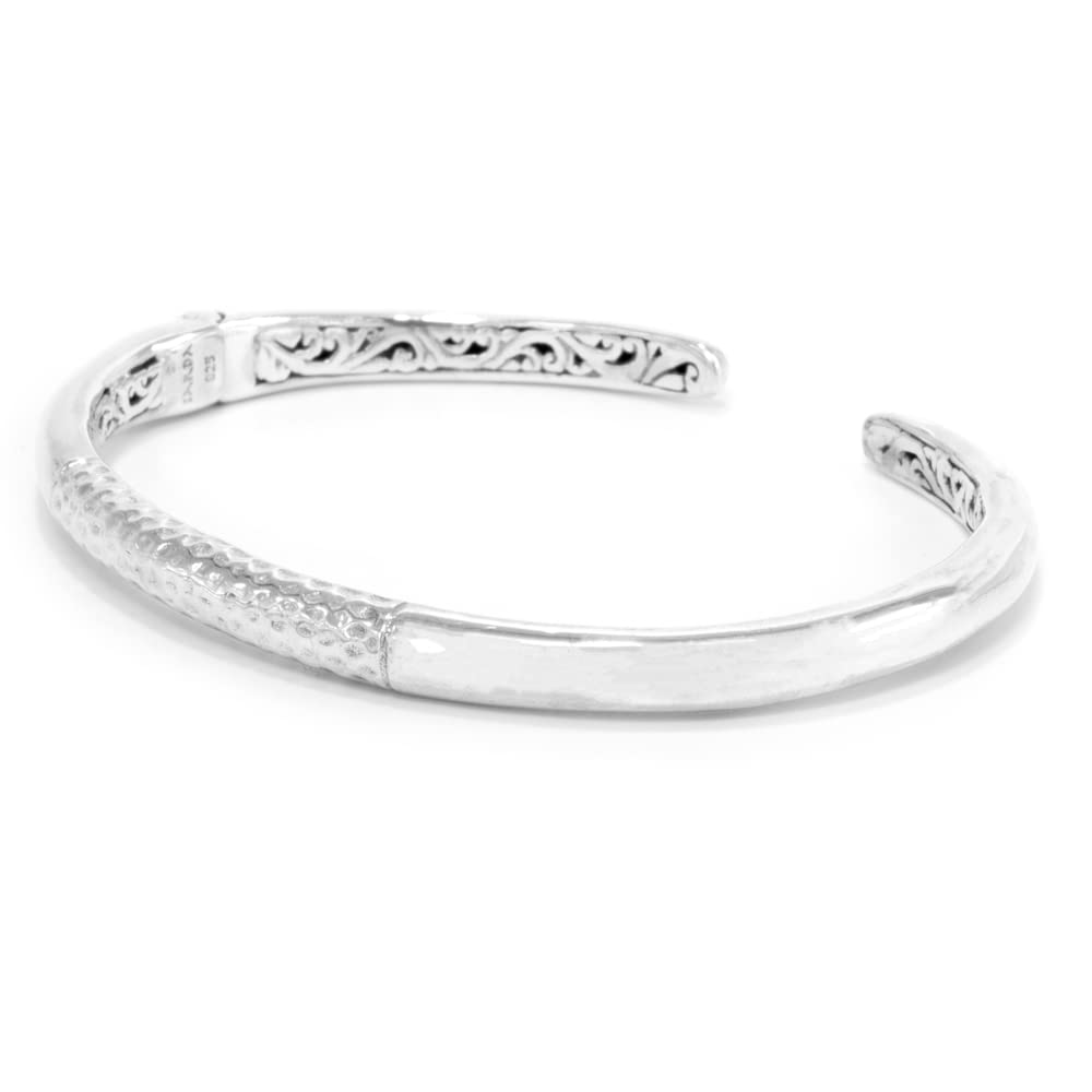 Sarda - .925 Sterling Silver High Polish & Hammered Oval Kickback Bracelet - Handmade by Bali Artisans - Size 7-1/4"