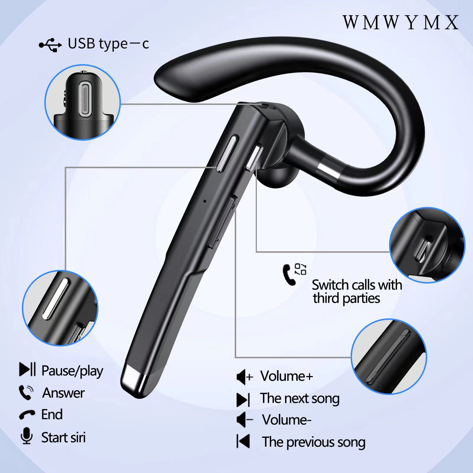 ＷＭＷＹＭＸ Bluetooth Headset One Ear Earphone Earpiece for Cell Phones Wireless Headset with Charging Case and LED Intelligence Display[YYK-520-1015]