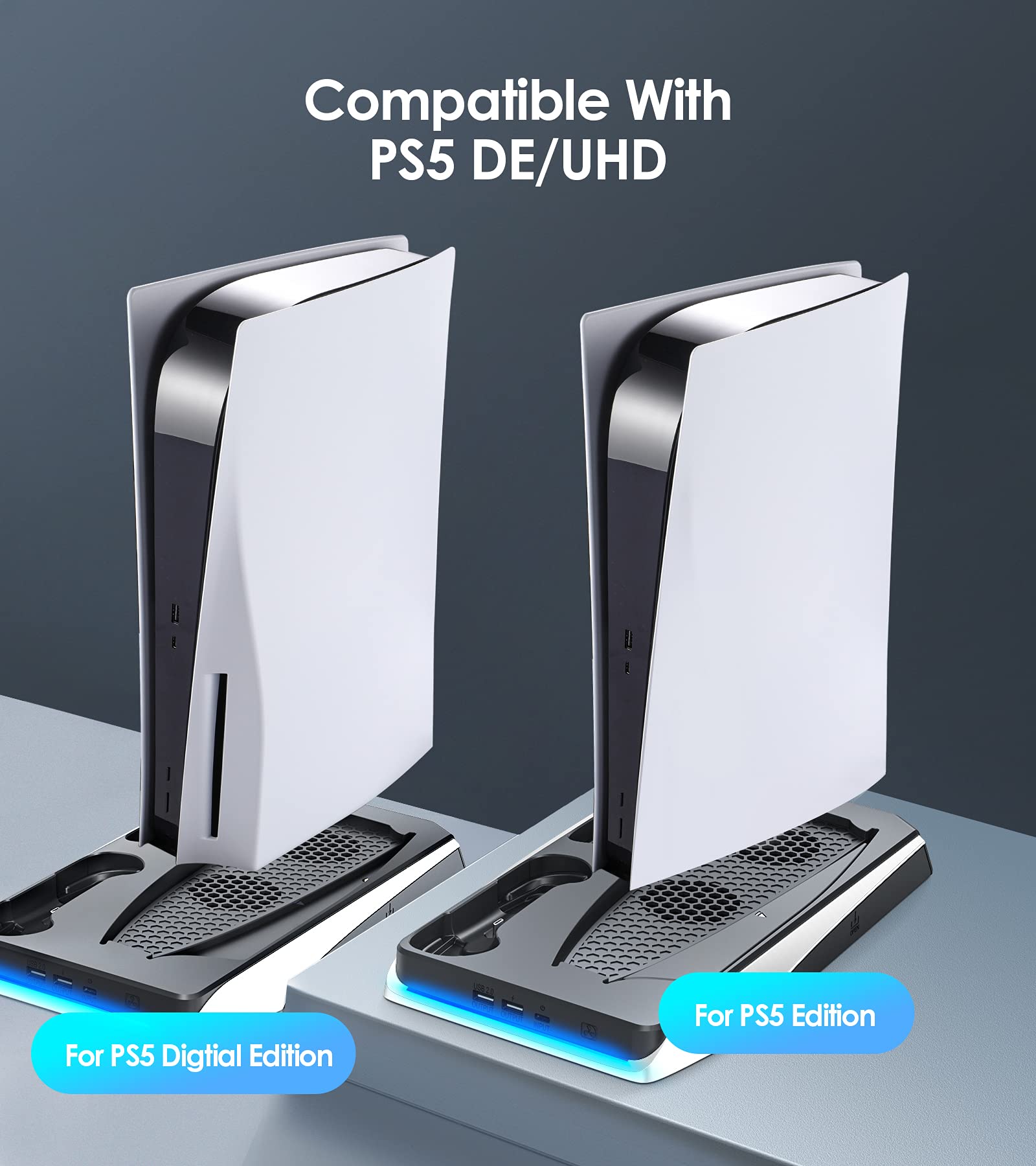 PS5 Stand, CreeZeeStop Vertical Stand with Cooler Fans for PS5 Disc & Digital Editions, with Dual Controller Charger and 12 Games Slots, USB C and 2 USB Ports (USB C Cable Included)