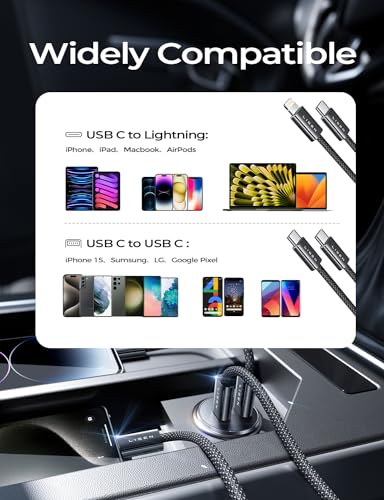 LISEN 90W USB C Car Charger Fast Charging, Dual USB C Port PD 45W Cigarette Lighter Adapter USB C Charger, Super Fast Car Charger USB C with Lightning Cable & USB C Cable for iPhone 15 Pro Max/Samsung