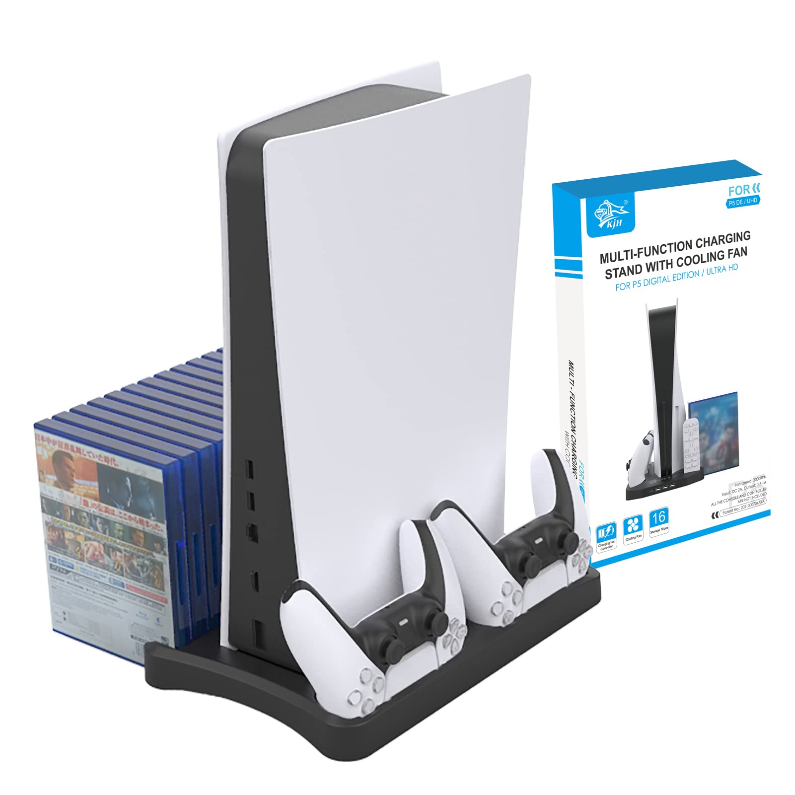 PS5 Vertical Stand Cooling Fan Charging Station with 3 USB HUB for Playstation 5 Controller Indicator Lamps Console Station and Dual PS5 Joystick Charging Dock Accessories 16 Game Storage
